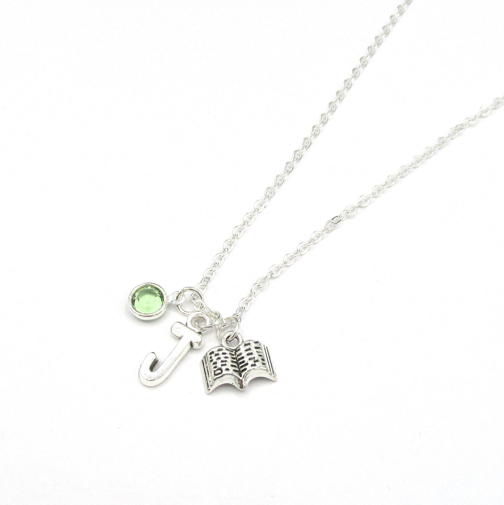 Book Necklace- Birthstone and Initial, Book Jewelry, Gift for Writer ...
