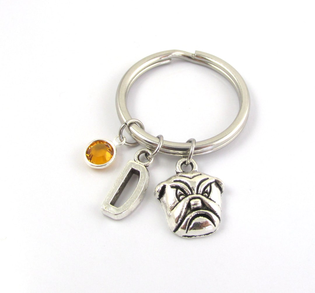 Bulldog Keychain- Choose a Birthstone and Initial, Bulldog Keyring ...