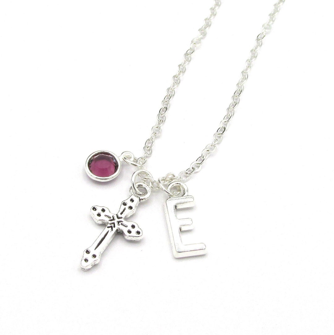 Cross Necklace- Birthstone and Initial, Cross Jewelry, Crucifix Pendant ...