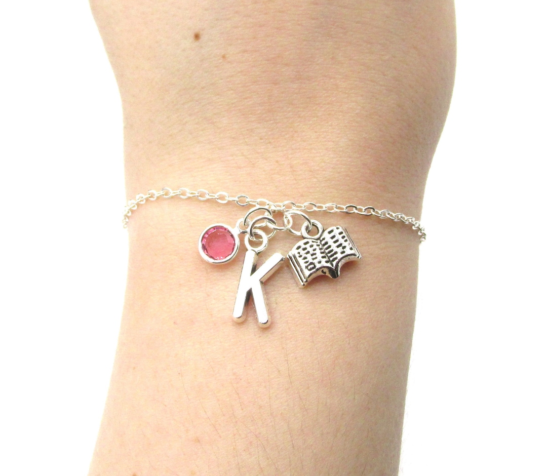 Book Bracelet- Birthstone and Initial, Reading Bracelet, Book Jewelry ...
