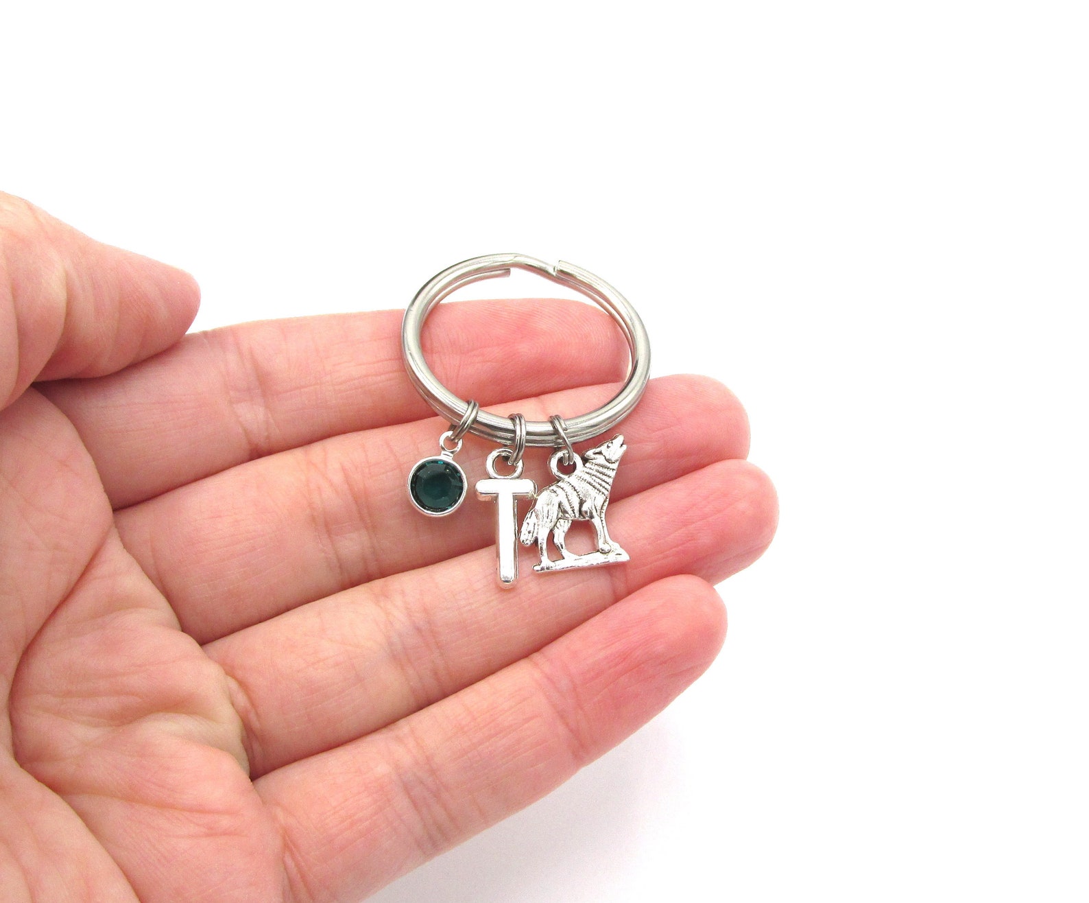 Wolf Keychain- Birthstone and Initial, Wolf Keyring, Wolf Gift, Wolf ...