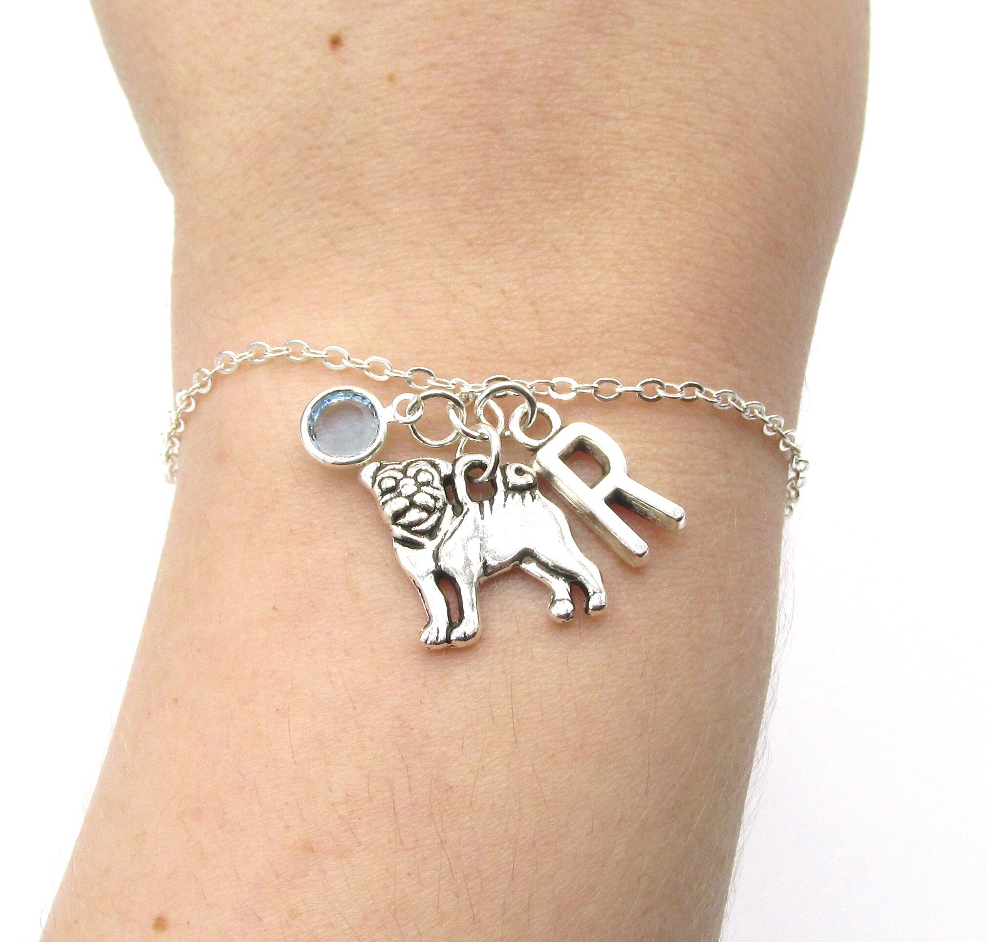 Pug Bracelet- Birthstone and Initial, Pug Jewelry, Pug Gift ...