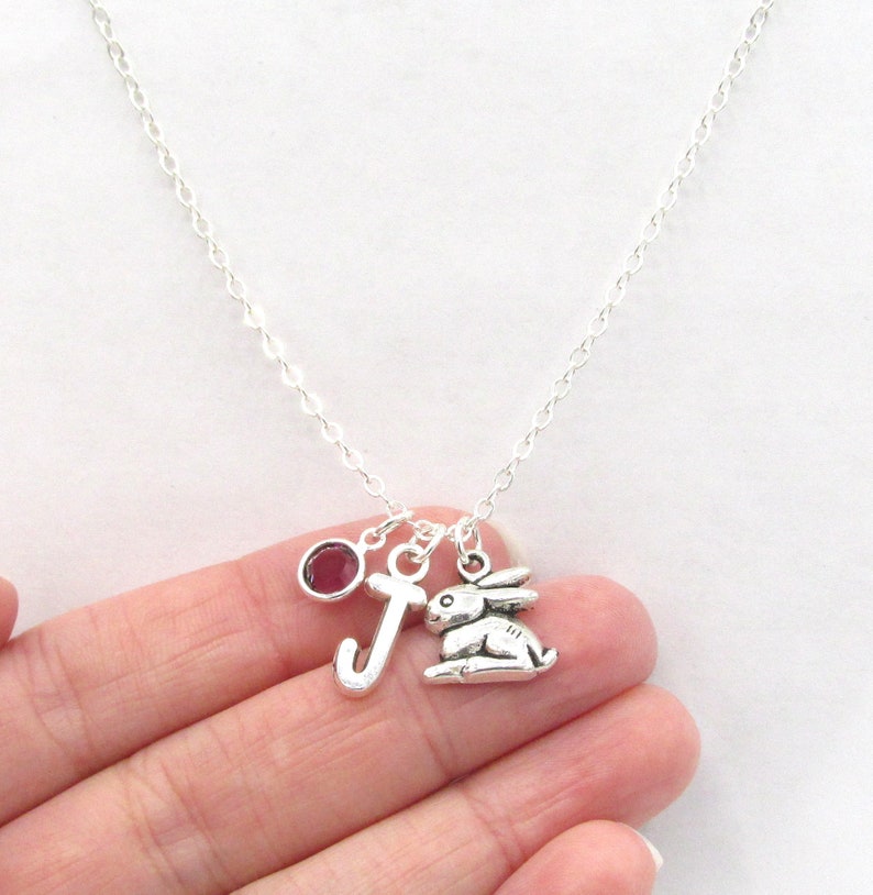 Rabbit Necklace- Birthstone and Initial, Rabbit Jewelry, Rabbit Gift ...