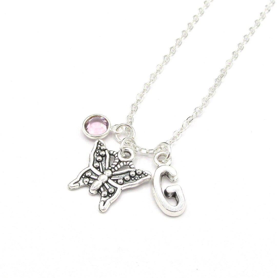Butterfly Necklace Birthstone and Initial, Butterfly Jewelry, Butterfly ...