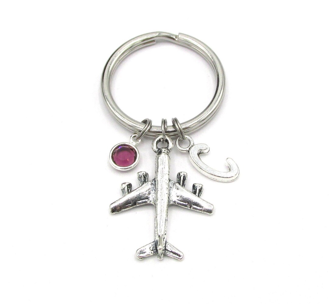 Airplane Keychain- Birthstone and Initial, Airplane Keyring, Airplane ...
