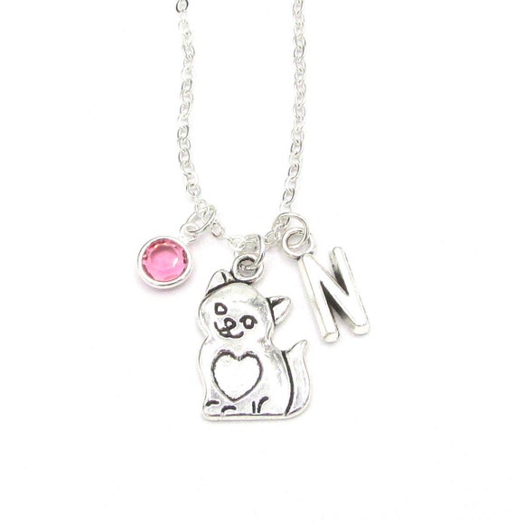 Cat Necklace Birthstone and Initial Cat Jewelry | Etsy