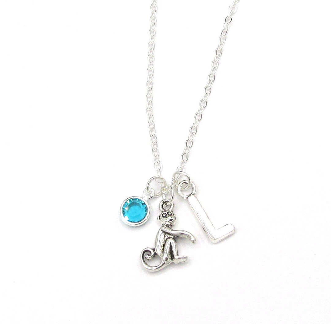 Monkey Necklace- Birthstone and Initial, Monkey Jewelry, Monkey Gift ...