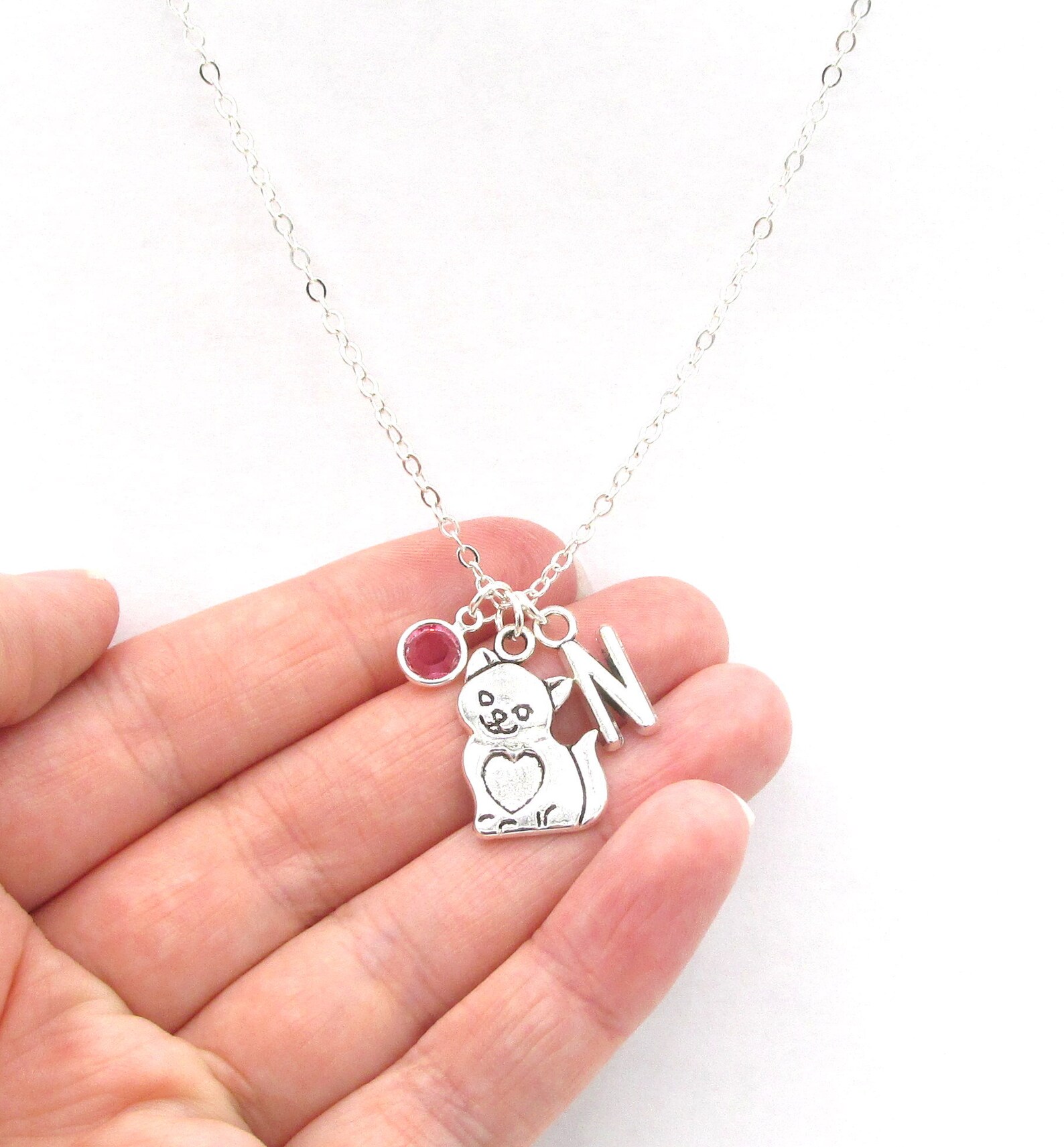 Cat Necklace Birthstone and Initial Cat Jewelry - Etsy