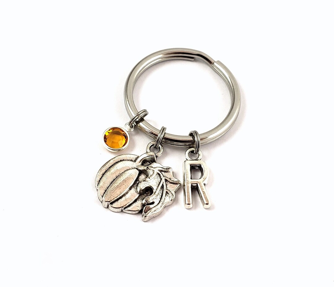 Pumpkin Keychain- Choose a Birthstone and Initial, Pumpkin Keyring ...