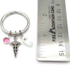 Caduceus Keychain- Birthstone and Initial, Caduceus Keyring, Caduceus ...