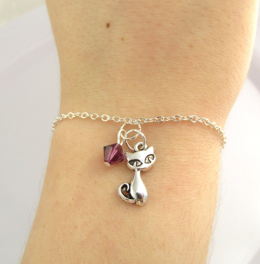 Cat Bracelet- Choose a Birthstone, Cat Birthstone, Cat Jewelry, Silver ...