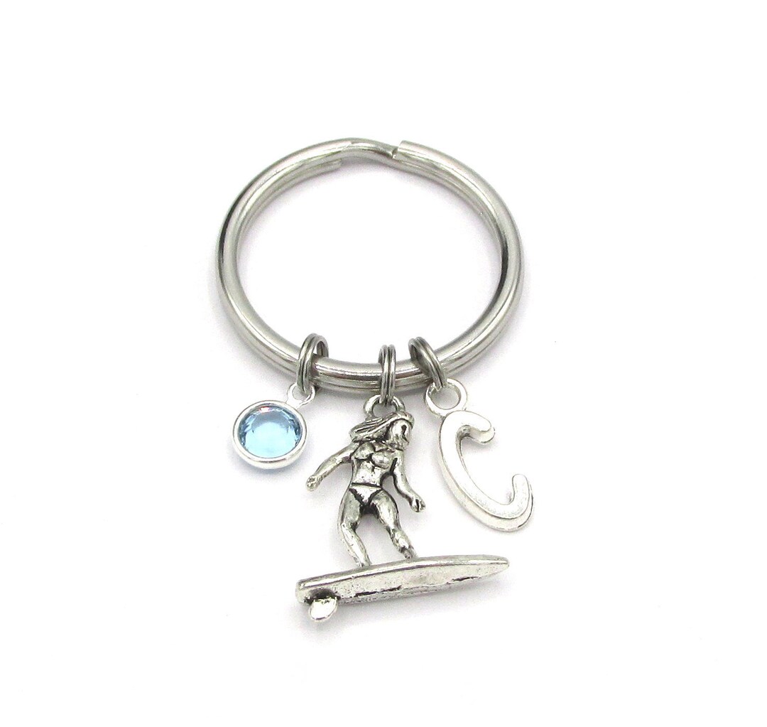 Surfer Keychain- Birthstone and Initial, Surfing Keychain, Surf Keyring ...