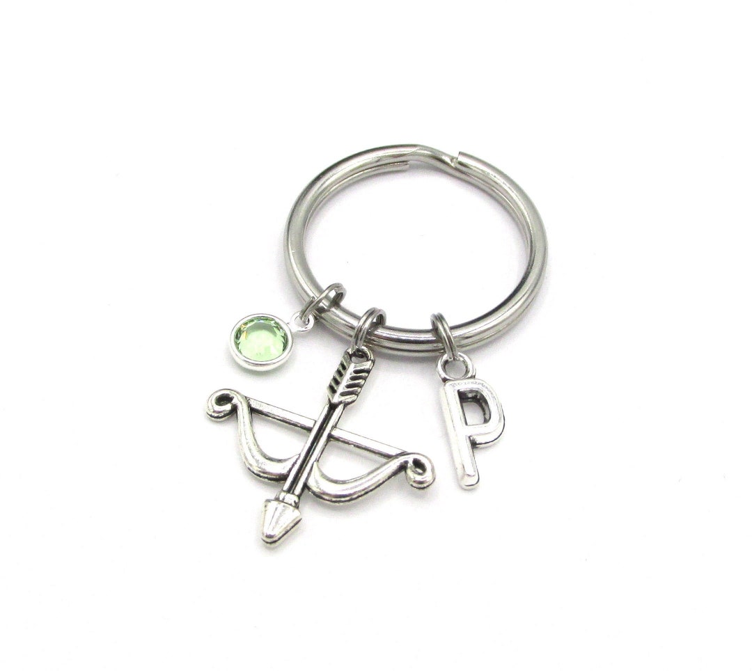 Bow & Arrow Keychain- Birthstone and Initial, Bow and Arrow Keyring ...