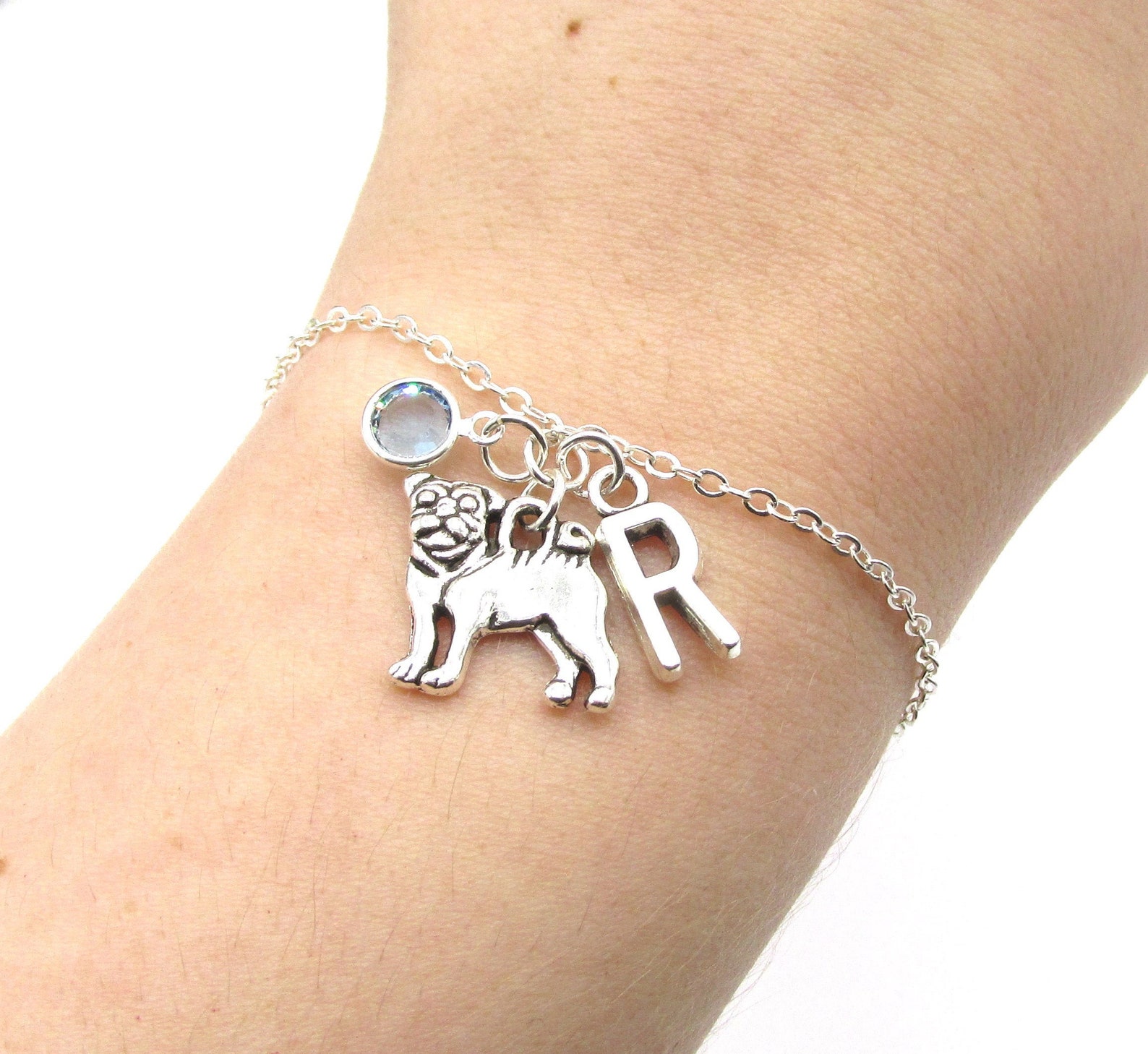 Pug Bracelet- Birthstone and Initial, Pug Jewelry, Pug Gift ...
