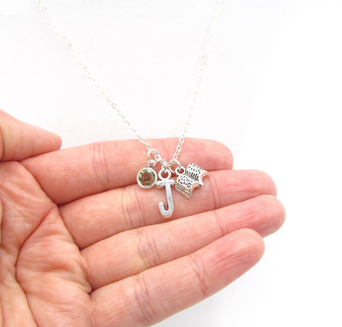 Book Necklace- Birthstone and Initial, Book Jewelry, Gift for Writer ...