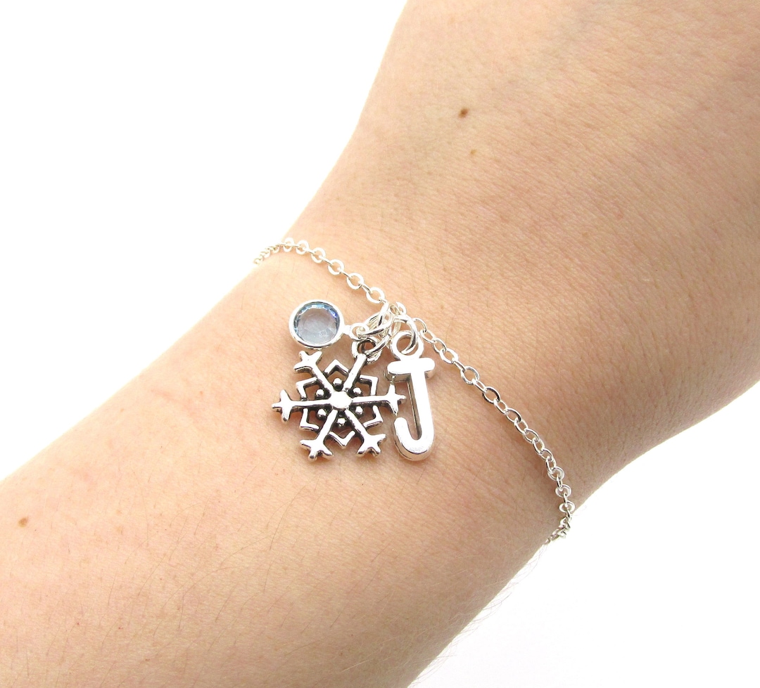 Snowflake Bracelet- Birthstone and Initial, Snowflake Jewelry ...