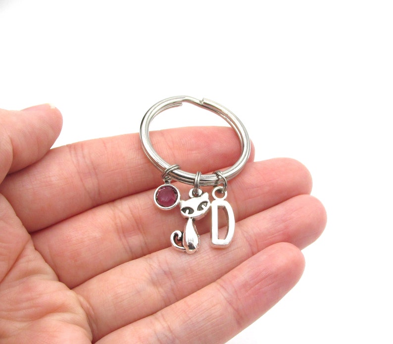 Cat Keychain Birthstone and Initial Cat Keyring Cat Gift | Etsy