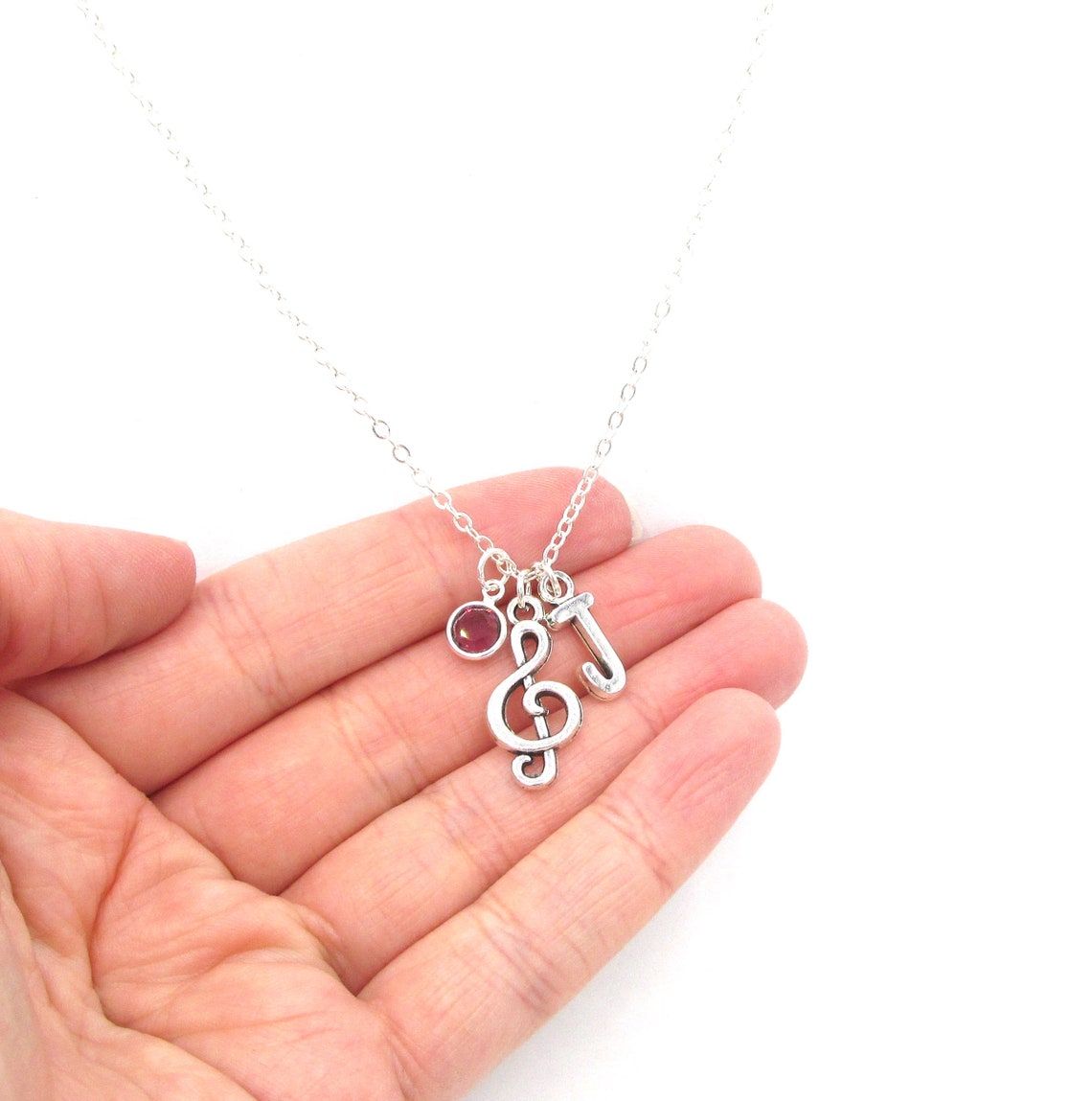 Treble Clef Necklace- Birthstone and Initial, Treble Clef Jewelry ...