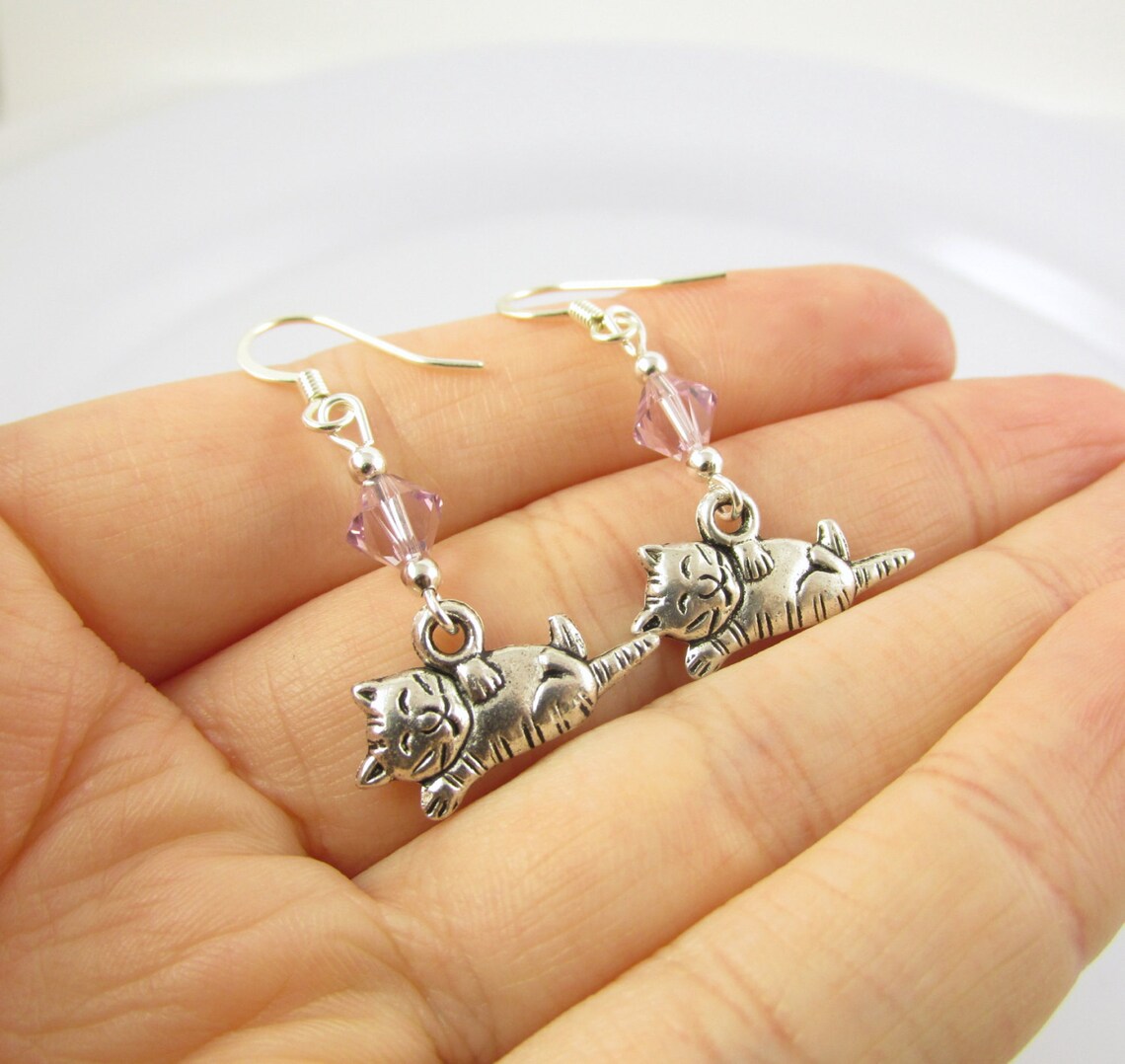 Cat Earrings Choose a Birthstone Cat Jewelry Cat Birthstone - Etsy