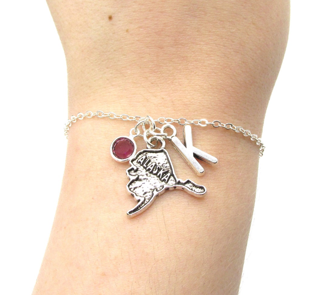 Alaska Bracelet- Birthstone and Initial, Alaska Jewelry, Alaska Charm ...