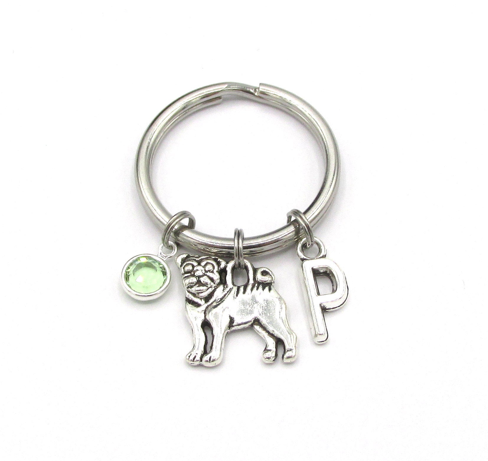 Pug Keychain Birthstone and Initial Pug Keyring Pug Gift - Etsy