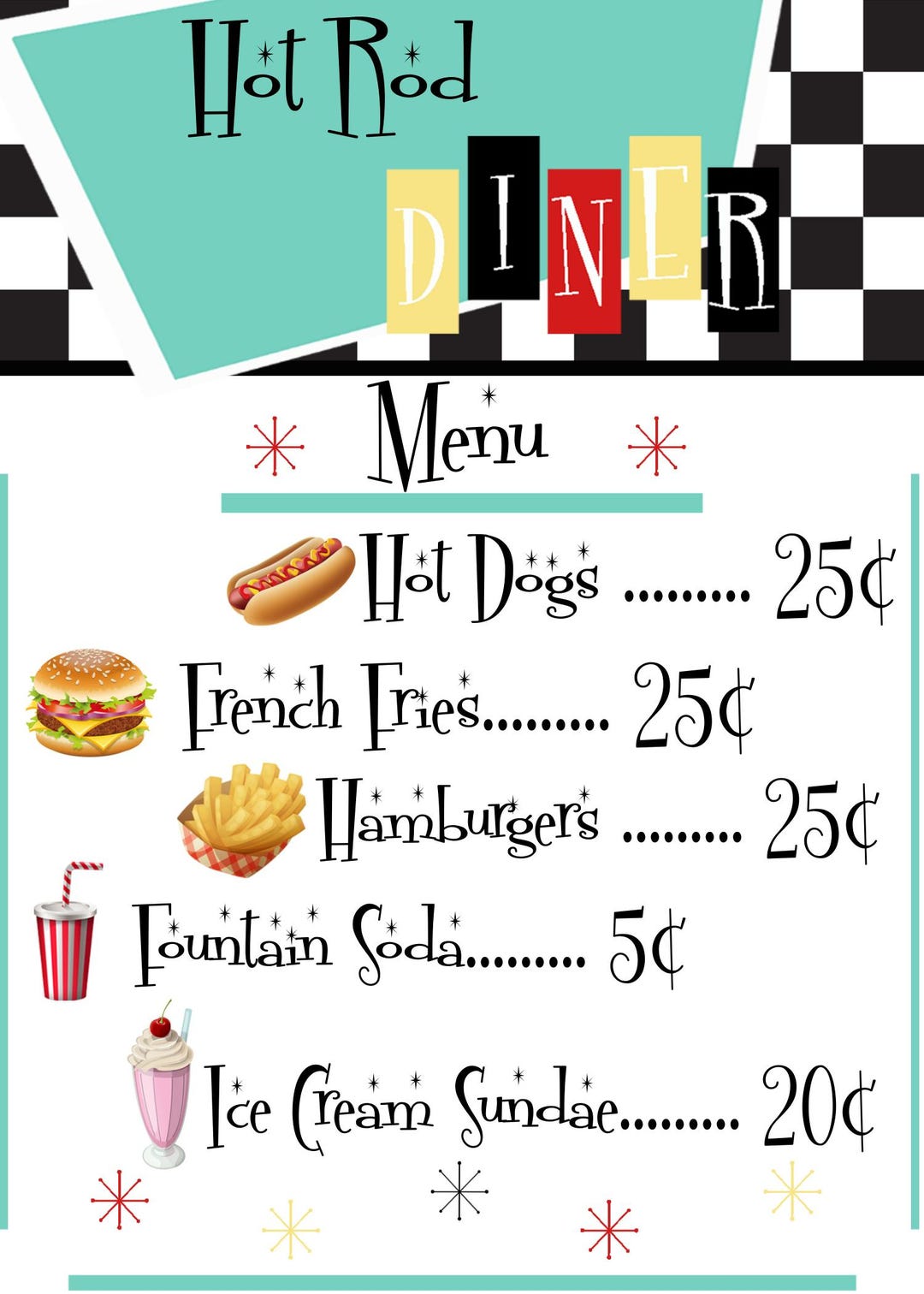 50's Hot Rod Diner Menu, Printable Retro Diner Menu 8.5x11 Editable ...