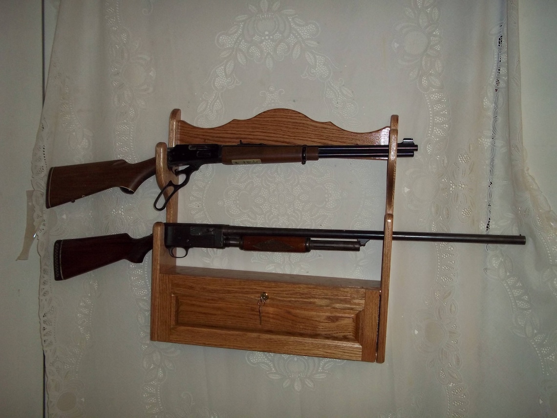 2 Gun Rack W/ Locking Storage Compartment Golden Oak Finish - Etsy
