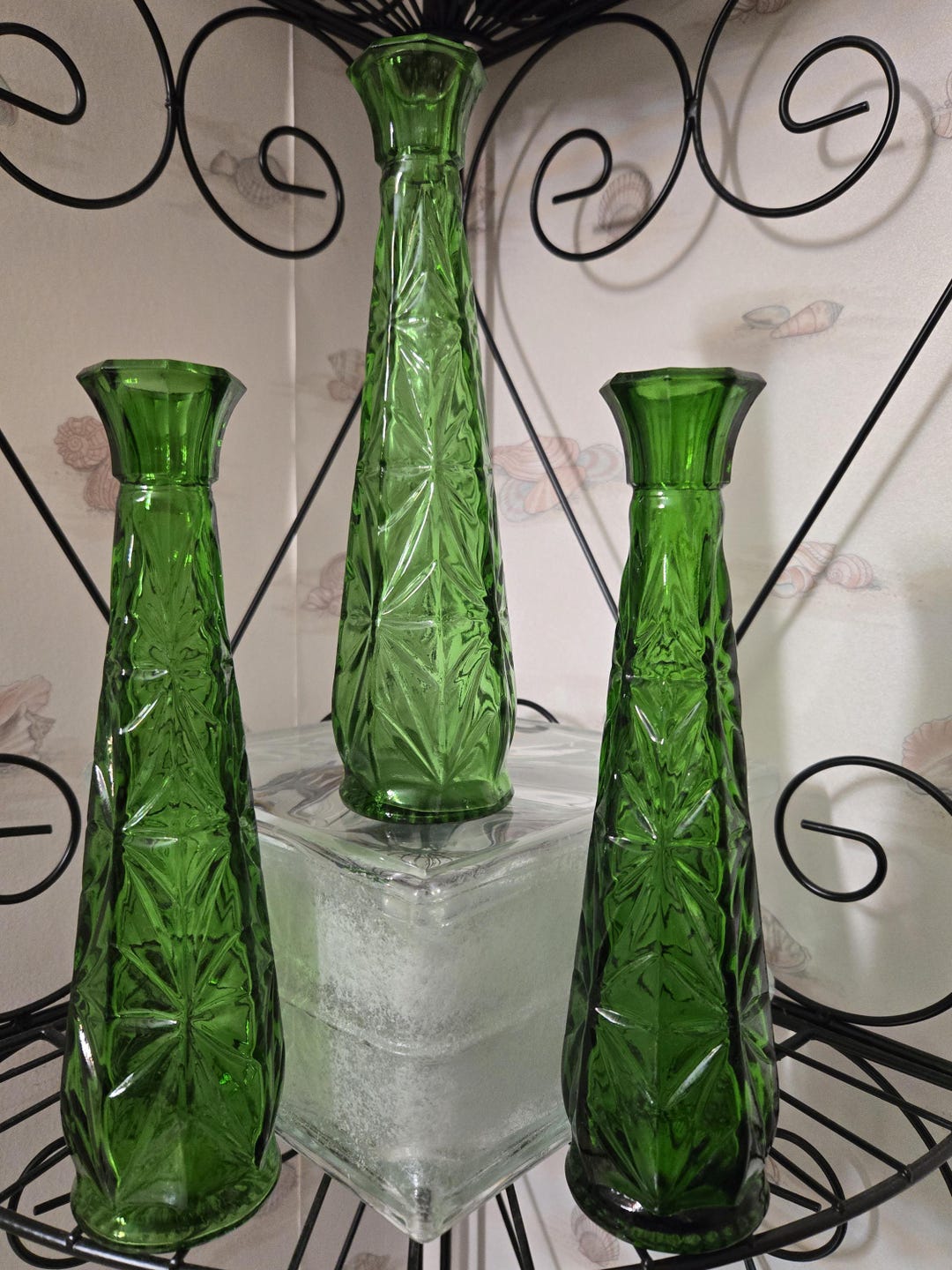 Green Glass Vintage Bud Vases-set of Three-starburst Design-wedding ...