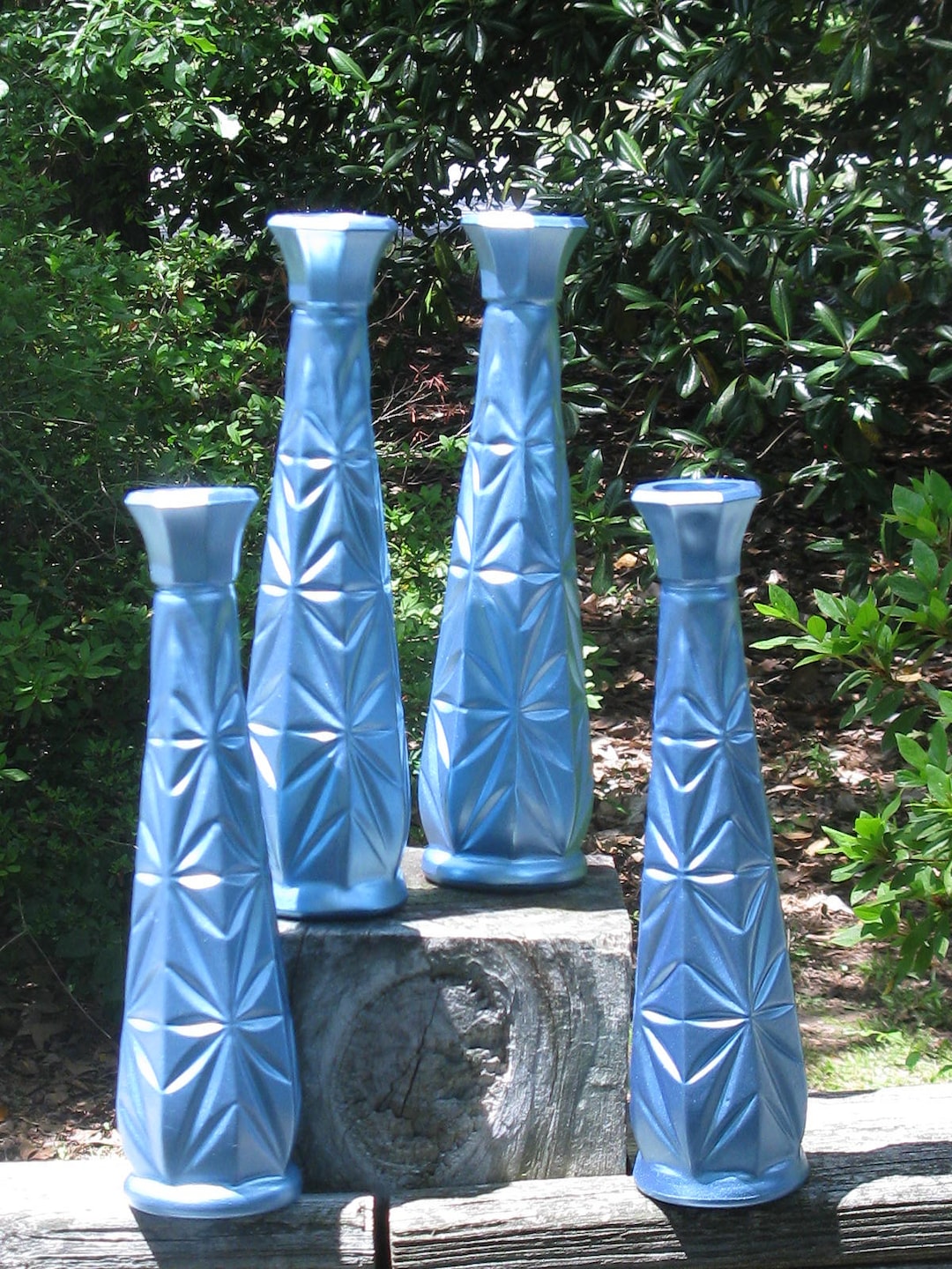 Ice Blue Starburst Design Bud Vases - Set of 4 Repurposed Vintage Glass ...