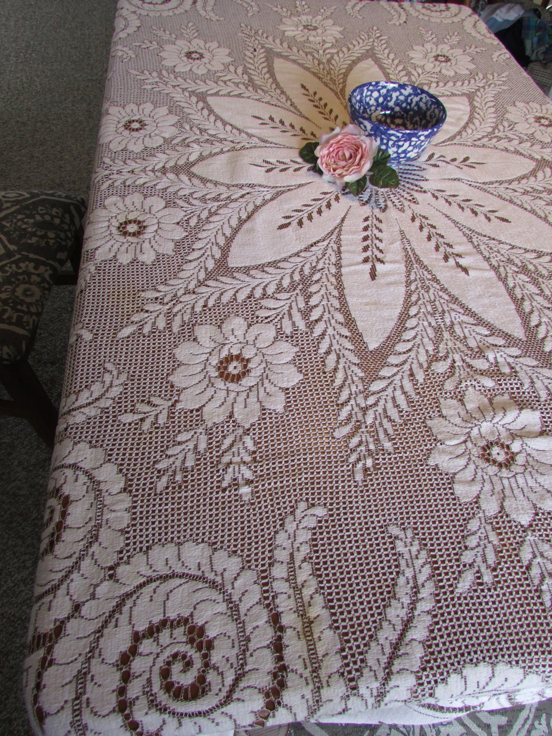 Antique Ecru Quaker Lace Tablecloth - Vintage Rectangular Tablecloth ...
