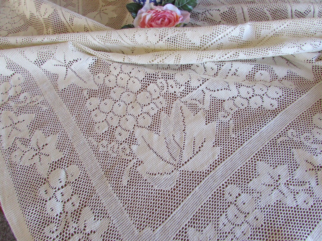Antique Ecru Nottingham Leaver Lace Tablecloth - Vintage Square ...