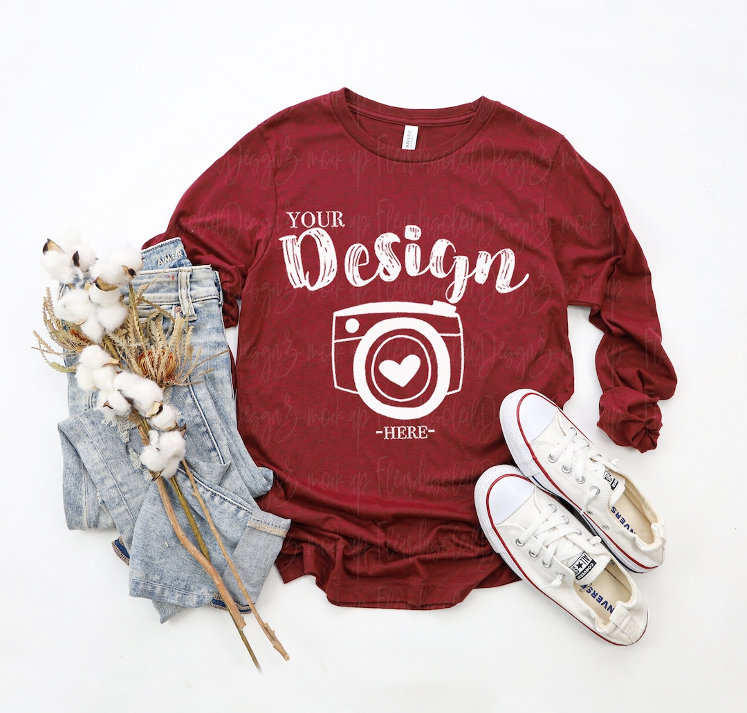 Bella Canvas 3501 Heather Cardinal Unisex T-shirt Mock up Long Sleeve T ...