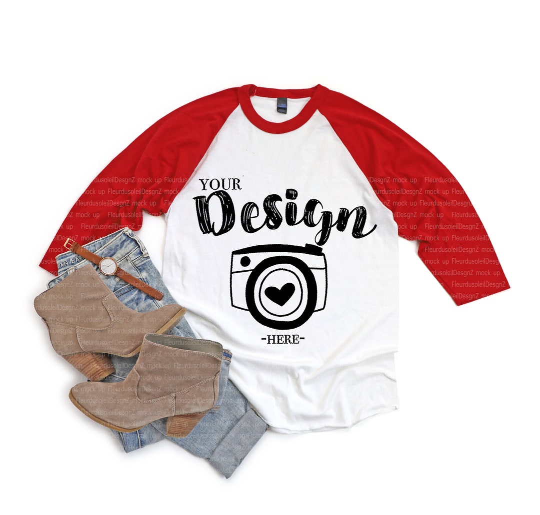 Tultex 245 Raglans White-red Mockup T-shirt Mockup, Mock Up, Flat Lay ...