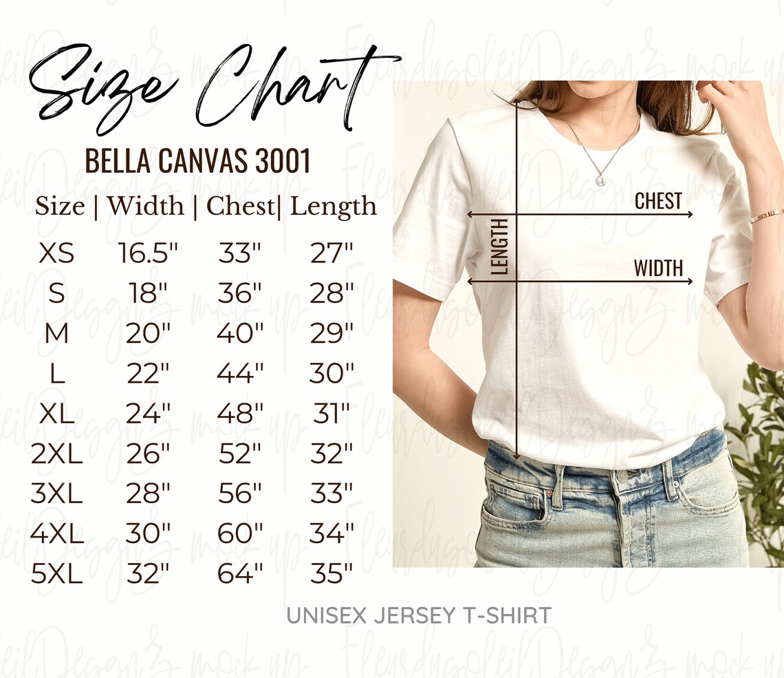 Bella Canvas 3001 Size Chart Tshirt Size Chart Unisex Etsy