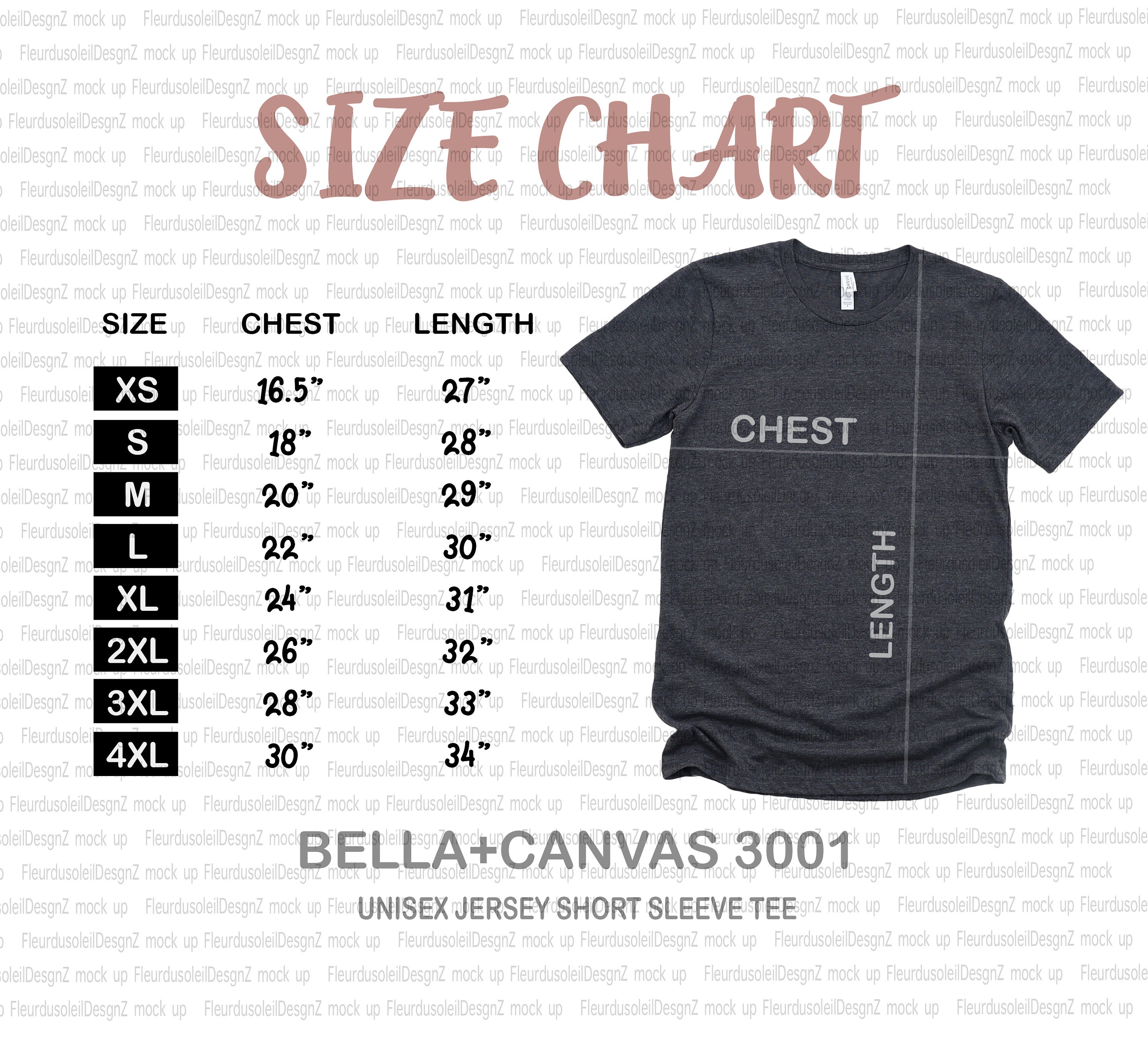 Bella Canvas Size Chart Bella Canvas 3001 Size Chart Etsy