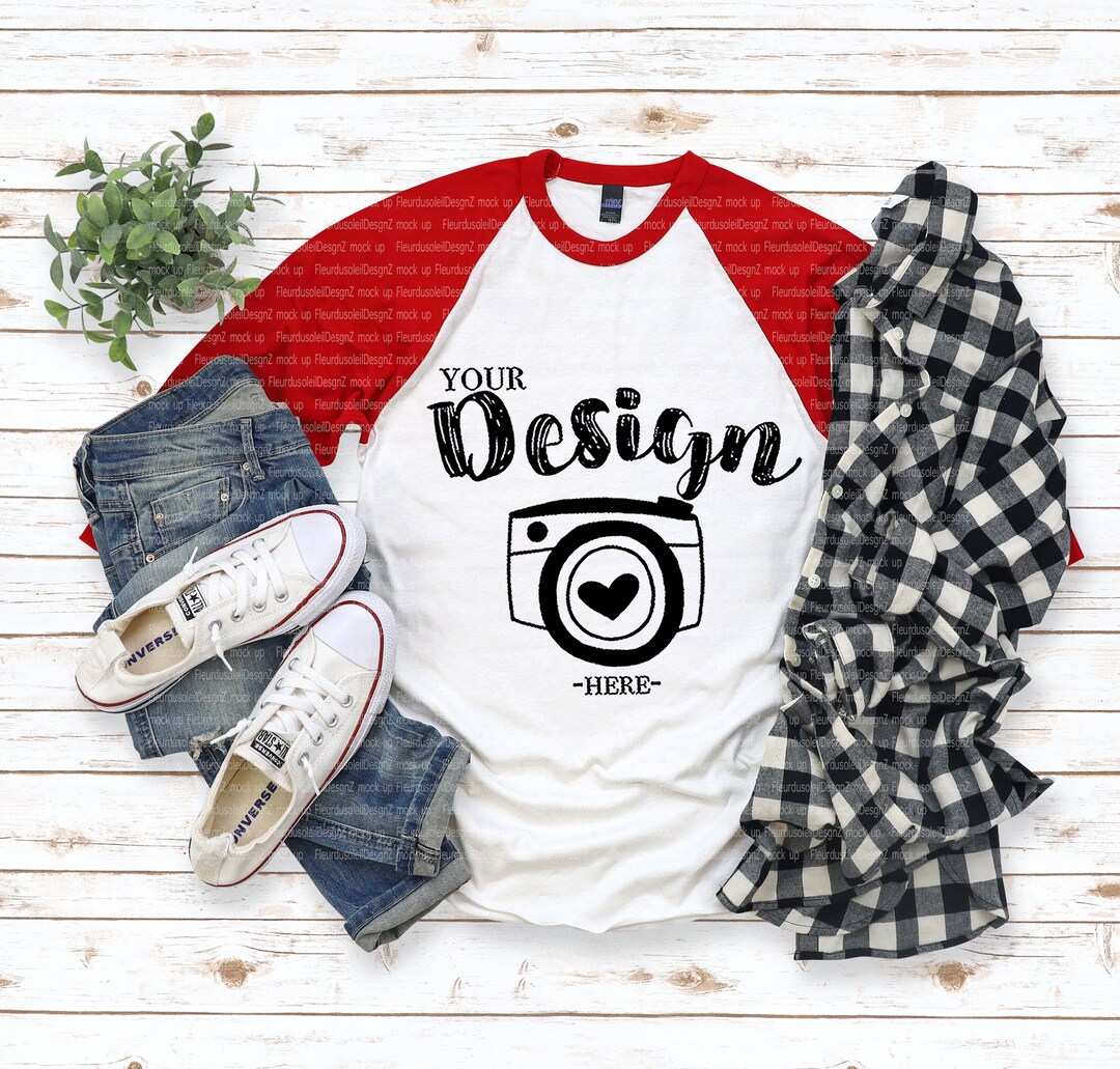 Tultex 245 Raglans White-red Mockup T-shirt Mockup, Mock Up, Flat Lay ...