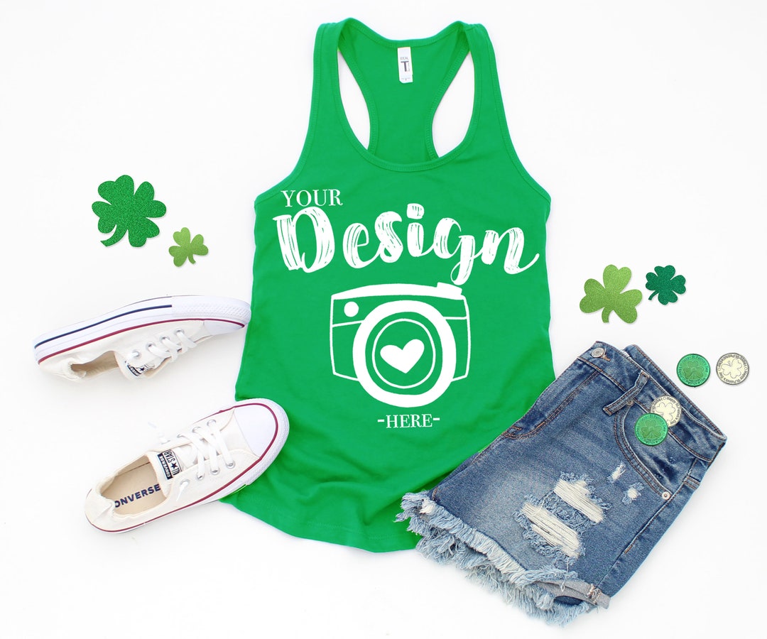 St. Patrick's Day Mockup Next Level 1533 Kelly Green Tank Flat Lay ...