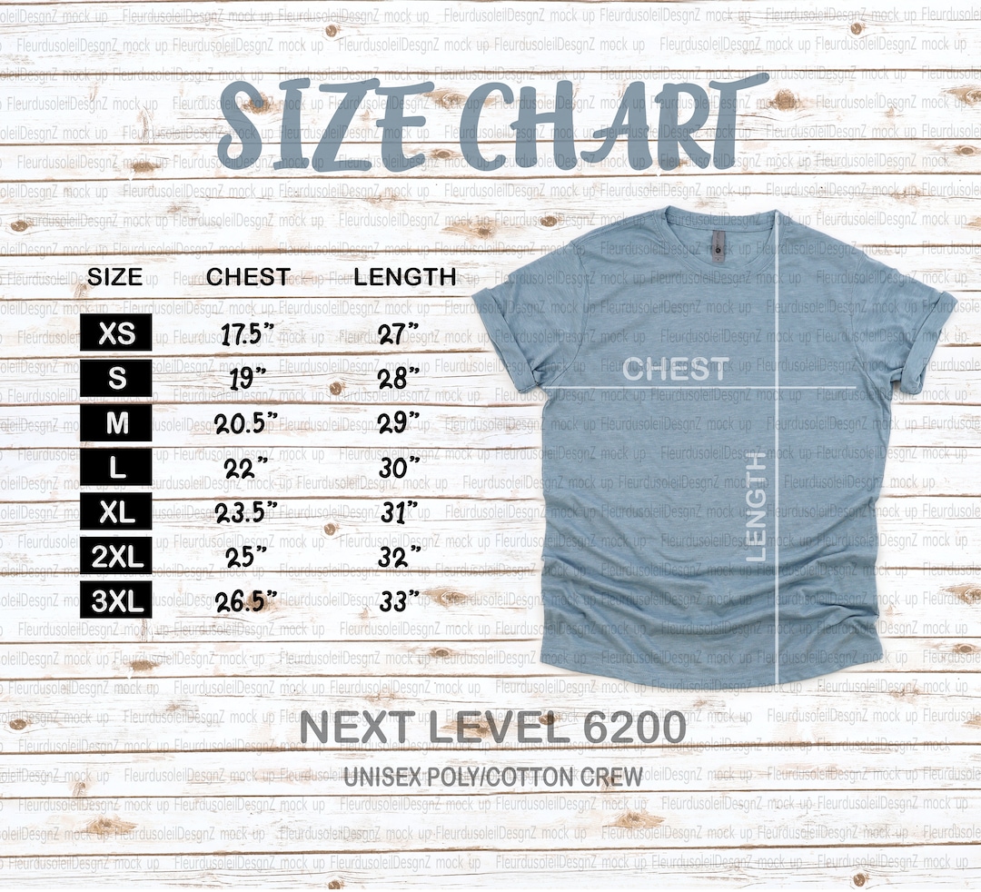 Next Level 6200 Size Chart | Next Level Size Chart | Next Level T-shirt ...