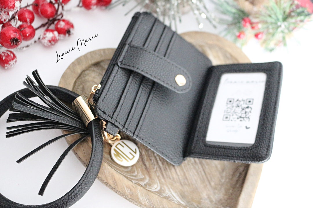 Black Wallet Keyring, Monogrammed Keychain Wristlet, Monogram Wallet ...