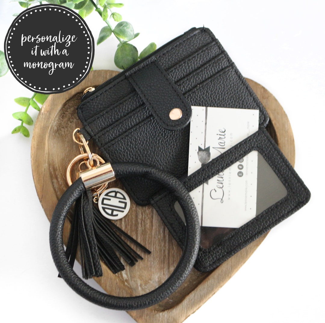 Black Wallet Keyring, Monogrammed Keychain Wristlet, Monogram Wallet ...