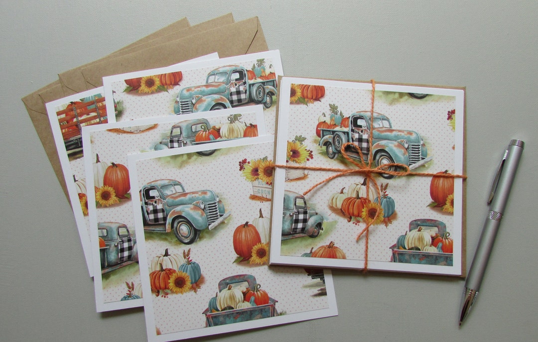 Fall Note Cards 4 Square Cards Thanksgiving Cards Truck Cards Pumpkin ...