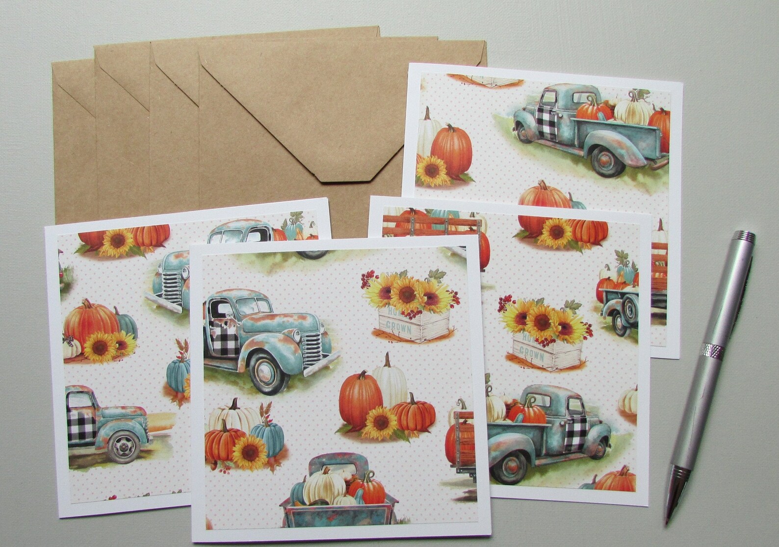 Fall Note Cards 4 Square Cards Thanksgiving Cards Truck Cards - Etsy