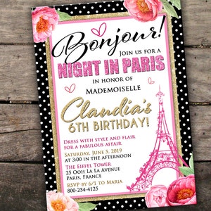 10% OFF NEW Printed or Digital Paris Birthday Invitation Pink and Gold ...