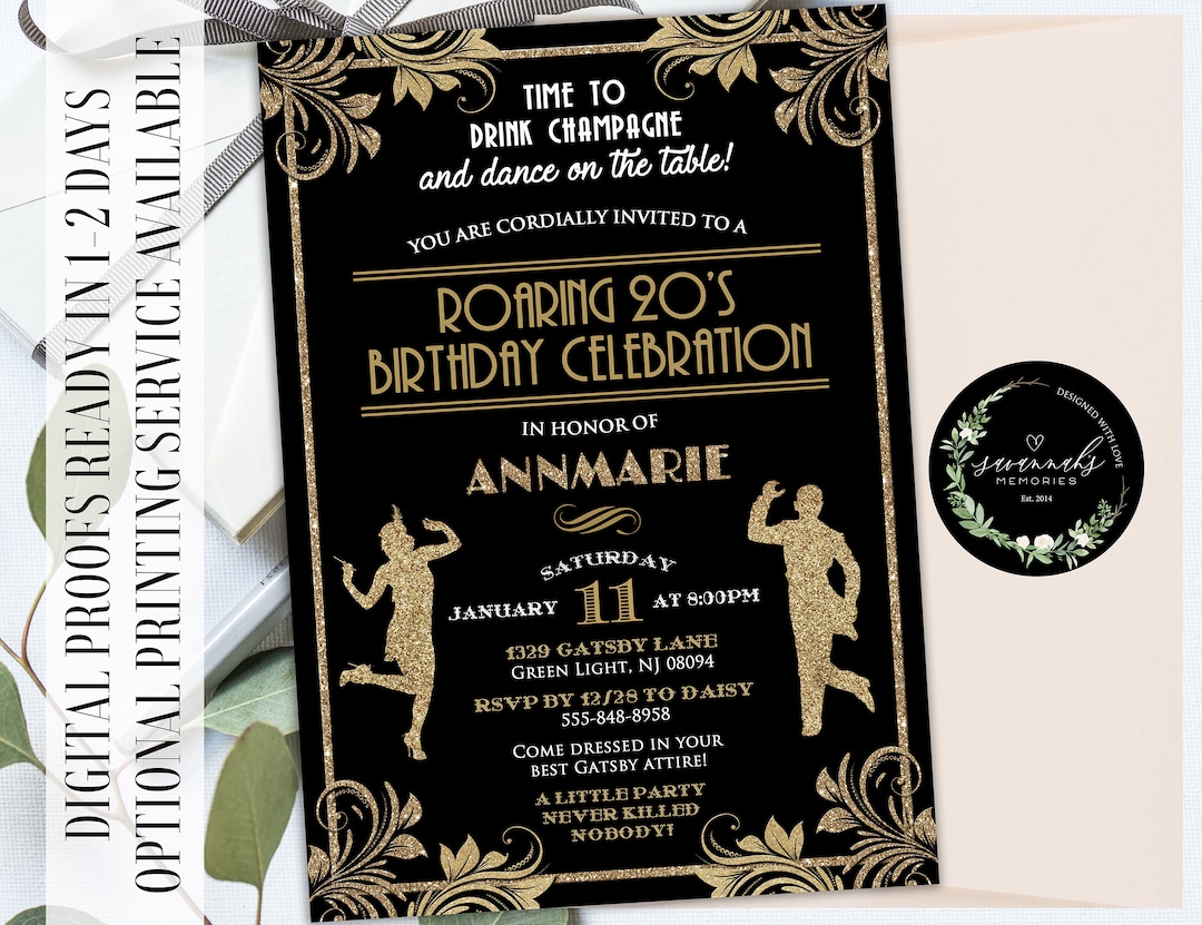 Roaring 20's Birthday Invitation Great Gatsby Birthday Invitation Art ...