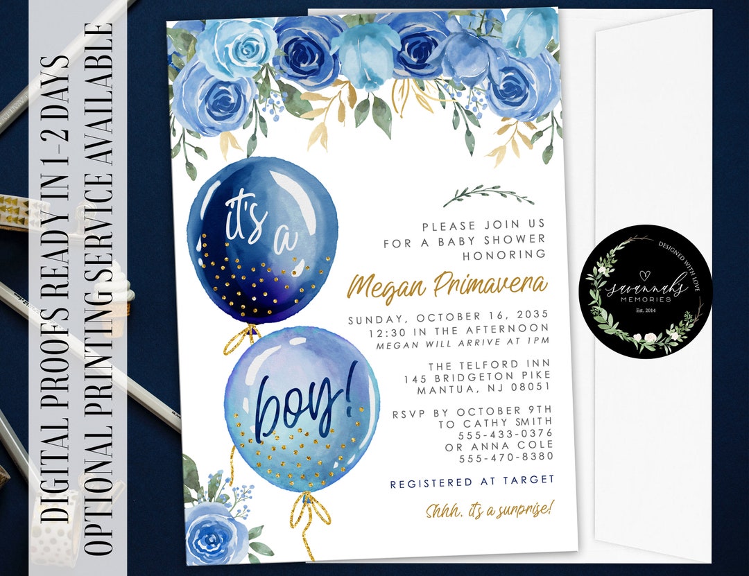 Boy Baby Shower Invitation Balloon Baby Shower Invite Blue Baby Shower ...