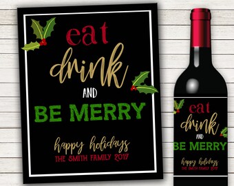 Eat Drink and Be Merry Christmas Wine Labels Holiday Chalkboard Style ...