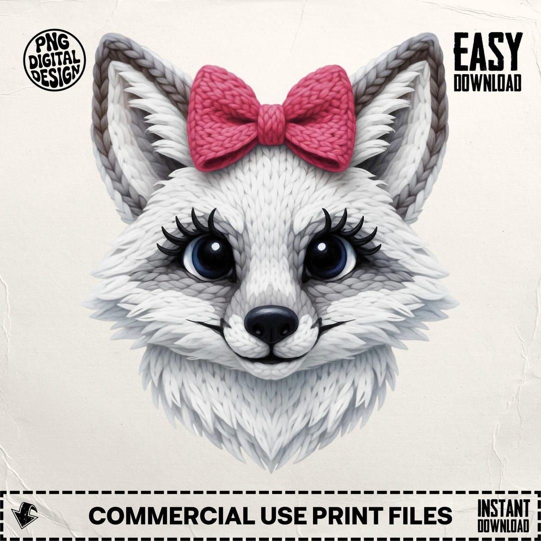 Faux Yarn Arctic Fox With Pink Coquette Bow Woodland Animal Png, Latch ...