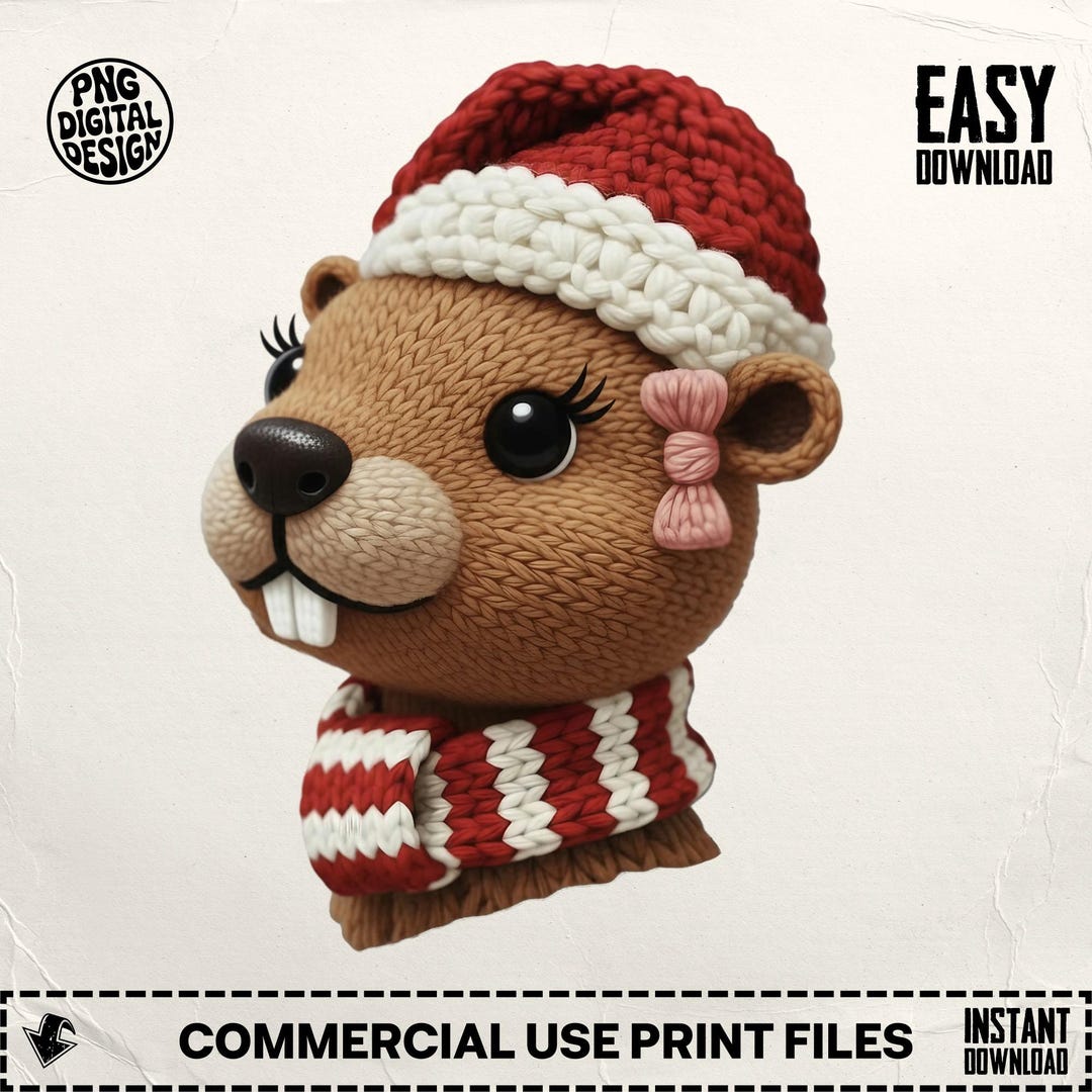 Faux Yarn Beaver in Santa Hat Woodland Animal Png, Latch Hook Digital ...