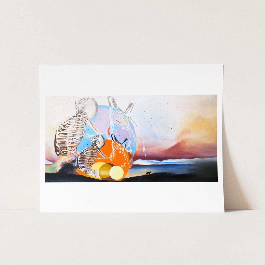 SCAVENGERS Skeleton and Coyote Howling at the Moon Minimalist Landscape Original Art, Unframed ...