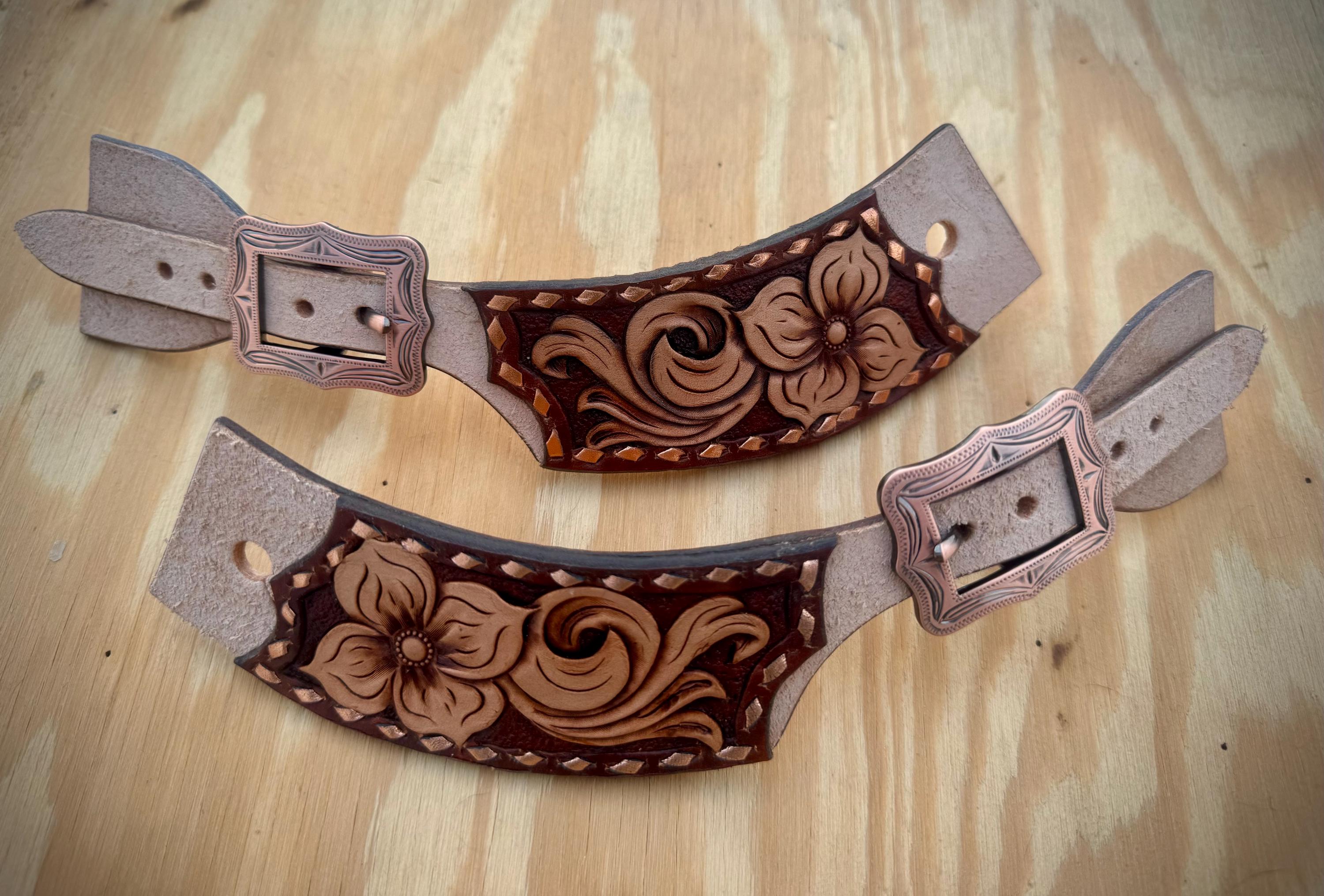 Two Toned Roughout Hand Carved Hand Tooled Leather Spur Straps - Made ...
